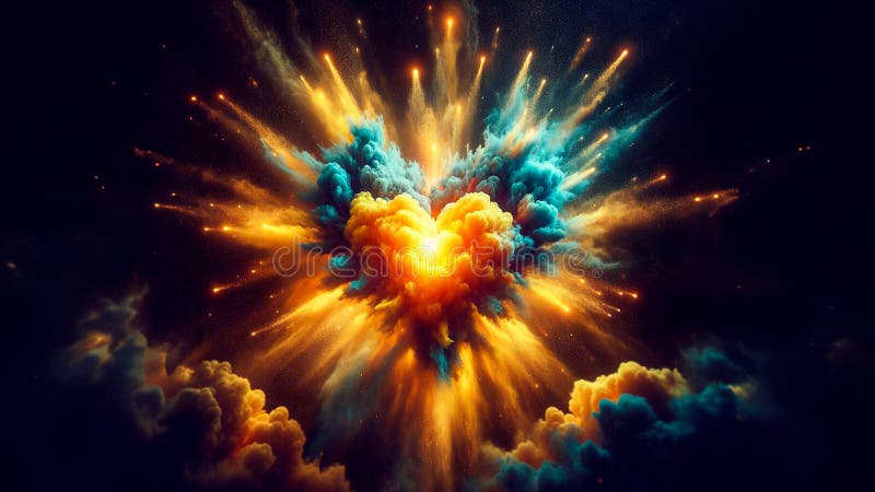 Bright Explosion of Blue-yellow Clouds of Smoke in the Shape of a Heart ...