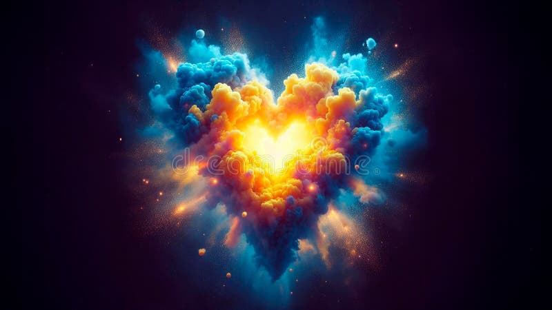 Bright Explosion of Blue-yellow Clouds of Smoke in the Shape of a Heart ...