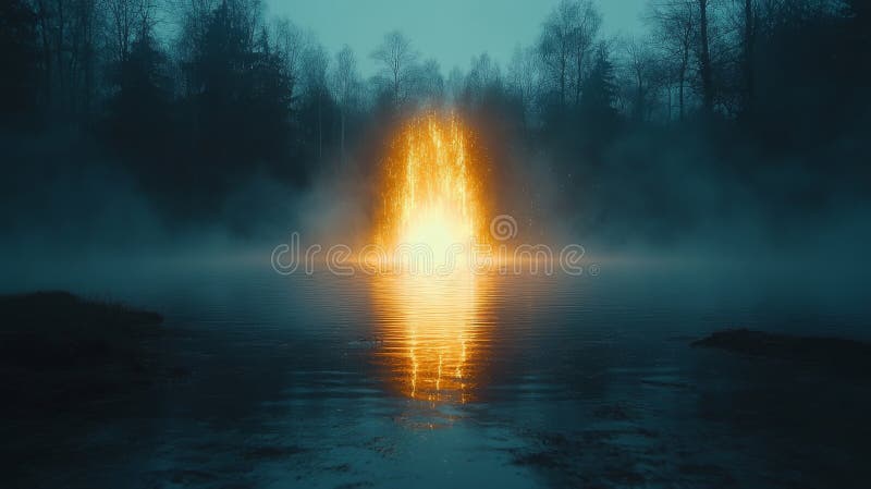 Bright Explosion of Light Reflects on Calm Water in Misty Forest ...