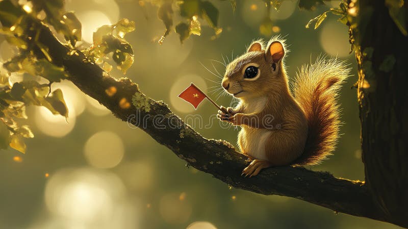 A Bright-eyed Squirrel Holding a Tiny Flag, Sitting on a Tree Branch ...