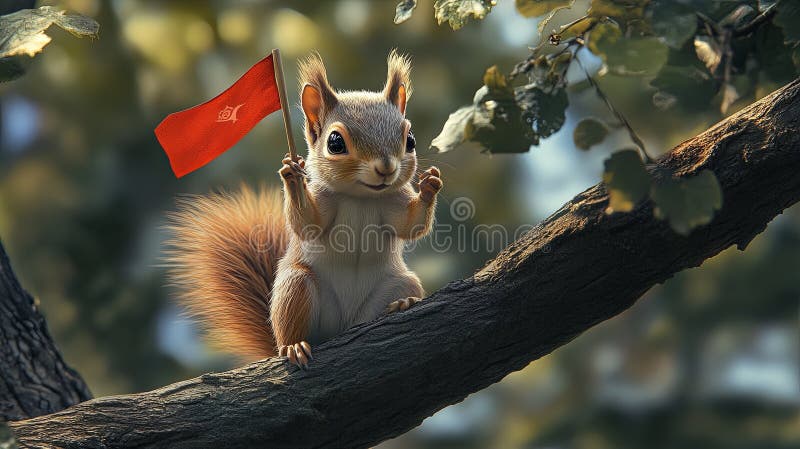 A Bright-eyed Squirrel Holding a Tiny Flag, Sitting on a Tree Branch ...