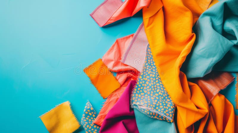 Bright Fabric Swatches Scattered on Blue Background Stock Photo - Image ...