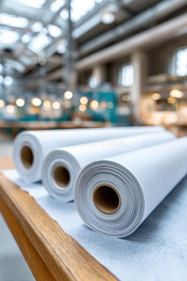 Bright Factory Interior Showcasing Large Rolls of Banner Material Ready ...