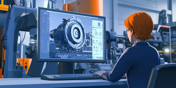 Bright Factory Scene with Engineer Designing 3D Model for Manufacturing Process Optimization ...