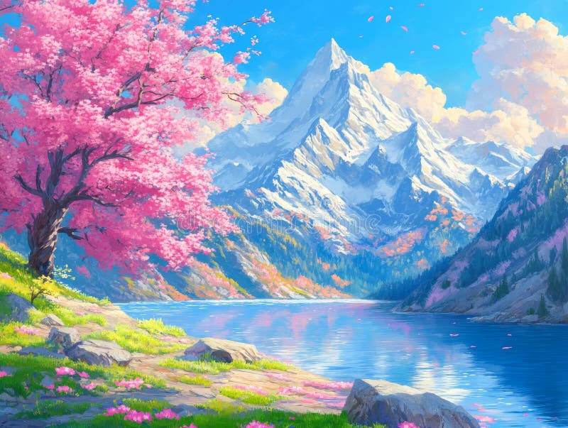 Bright Fall Landscape Pink Trees Mountain Peaks Stock Photos - Free ...