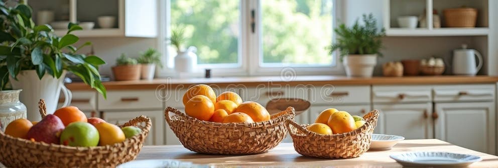 Bright Farmhouse Kitchen with Fruit-filled Woven Baskets and Sunlit ...
