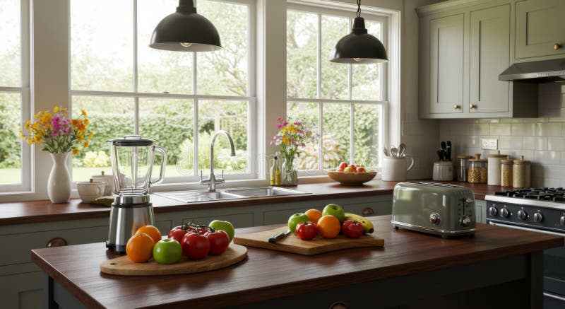Bright Farmhouse Kitchen Interior with Garden View Stock Illustration ...