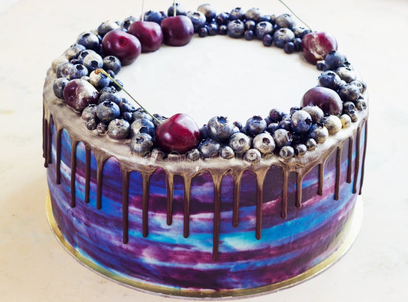 Bright Festive Blue Cake with Berries and Chocolate. Modern Cake Stock ...