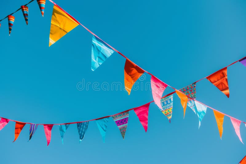Bright and Festive Bunting Flags Against Clear Blue Sky Stock Image ...