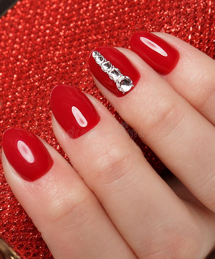Bright Festive Red Manicure Stock Image - Image of glitter, colored ...
