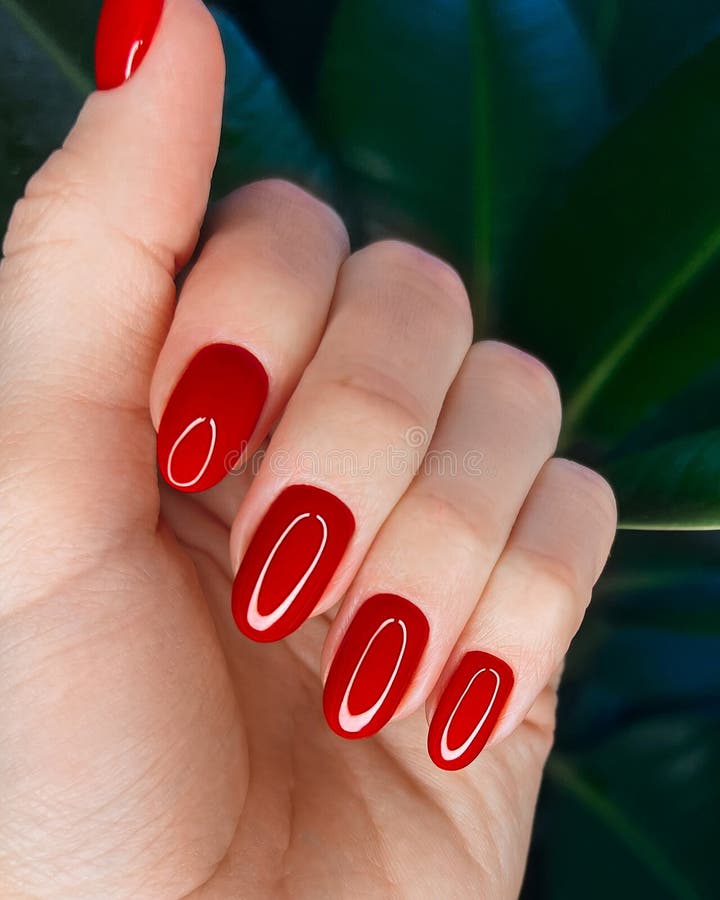 Bright Festive Red Manicure on Female Hands. Nails Design Stock Photo ...