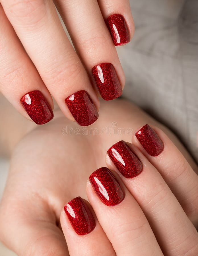 Bright Festive Red Manicure on Female Hands. Nails Design Stock Image ...