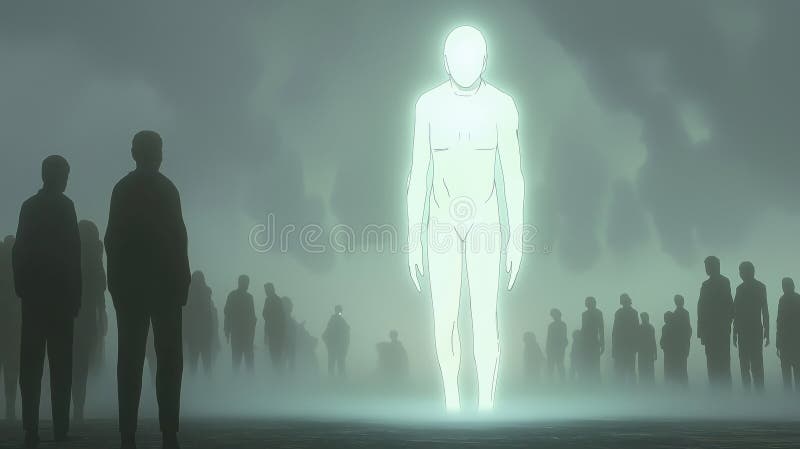 A Bright Figure Emanating Light Stands among Shadows. Surreal ...