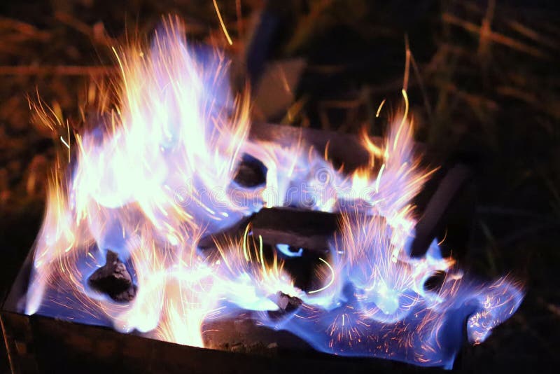 Bright Fire with Blue Flashes of Flame Stock Photo - Image of border ...