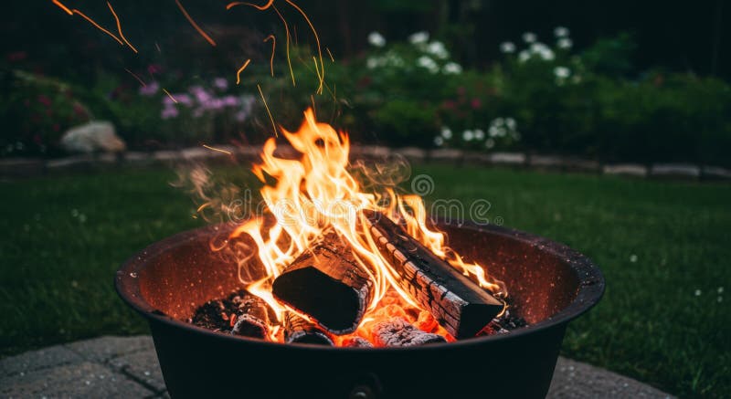 Bright Fire Burning in a Metal Fire Pit at Night Stock Photo - Image of ...