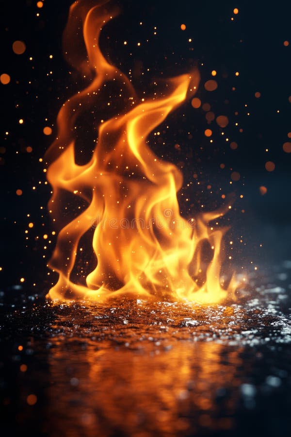 Bright Fire Burning Over Wet Black Surface with Sparks and Reflections ...