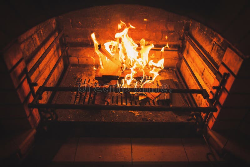 Bright Fire Burns in a Stone Fireplace Stock Photo - Image of romantic ...