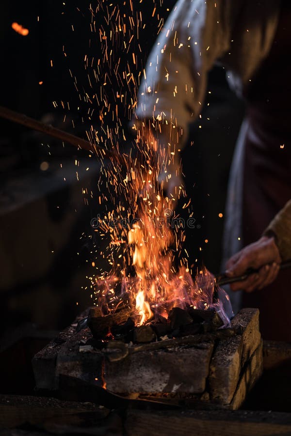 Bright Fire with Sparks Burns in the Forge Stock Image - Image of steel ...