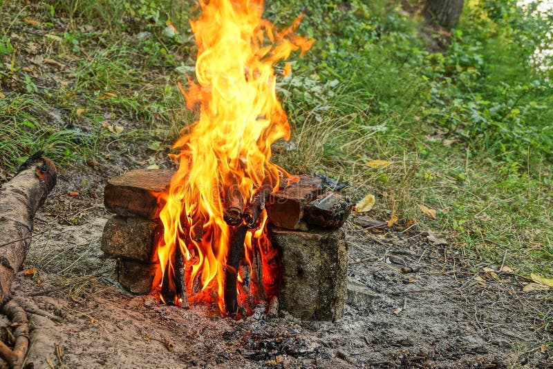 Bright Fire in the Stones on the Ground in the Grass Stock Photo ...