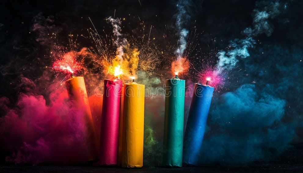 Bright Firecrackers Flash and Explode Against the Dark Night Sky ...