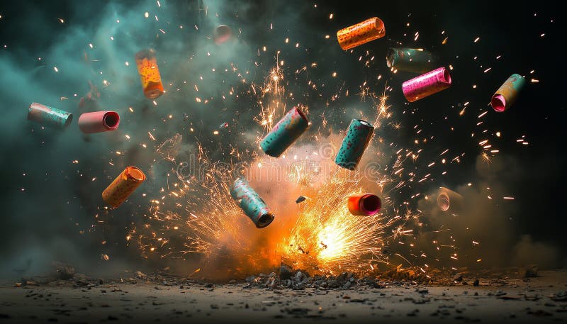 Bright Firecrackers Flash and Explode Against the Dark Night Sky ...