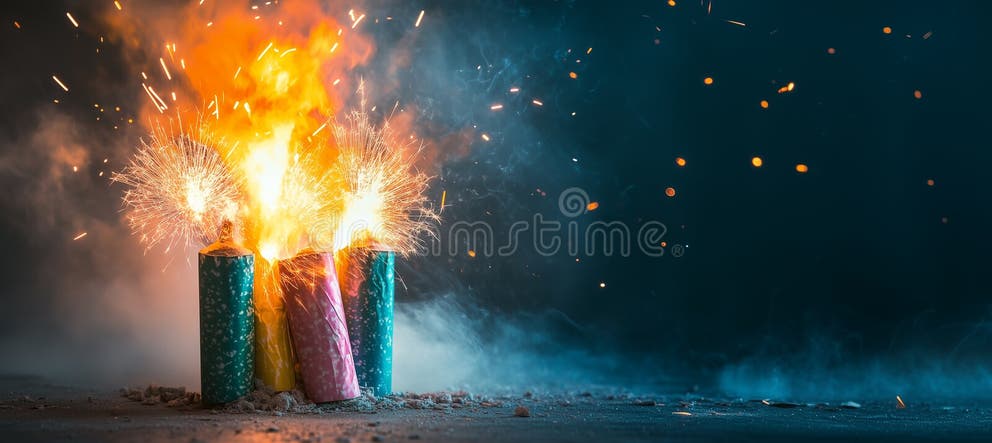 Bright Firecrackers Flash and Explode Against the Dark Night Sky ...