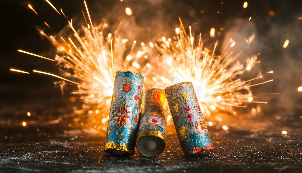 Bright Firecrackers Flash and Explode Against the Dark Night Sky ...