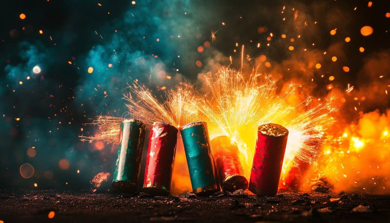 Bright Firecrackers Flash and Explode Against the Dark Night Sky ...