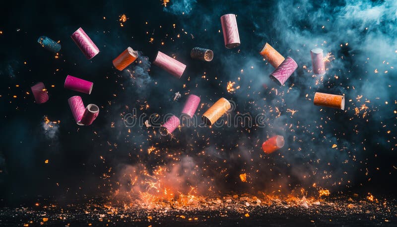 Bright Firecrackers Flash and Explode Against the Dark Night Sky ...