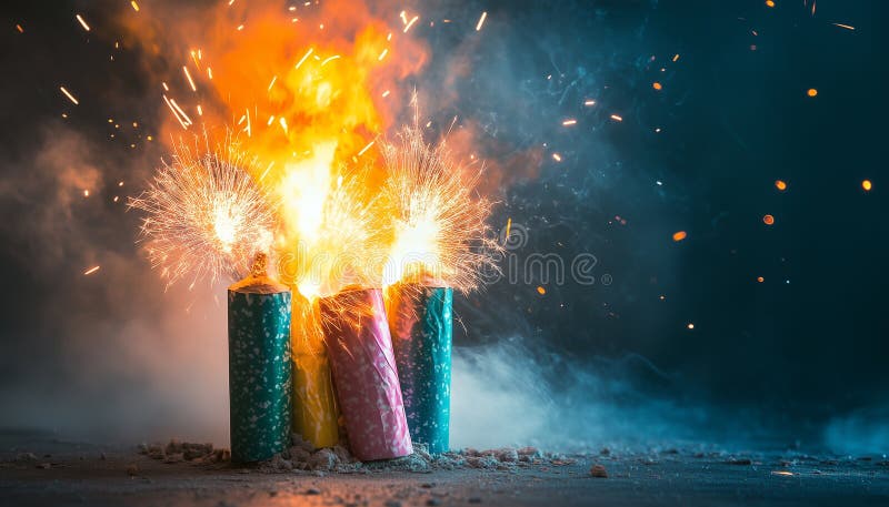 Bright Firecrackers Flash and Explode Against the Dark Night Sky ...