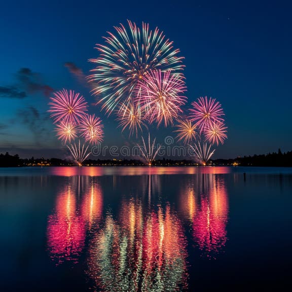 Bright Fireworks Explode Against a Night Sky, Casting Reflections on a ...