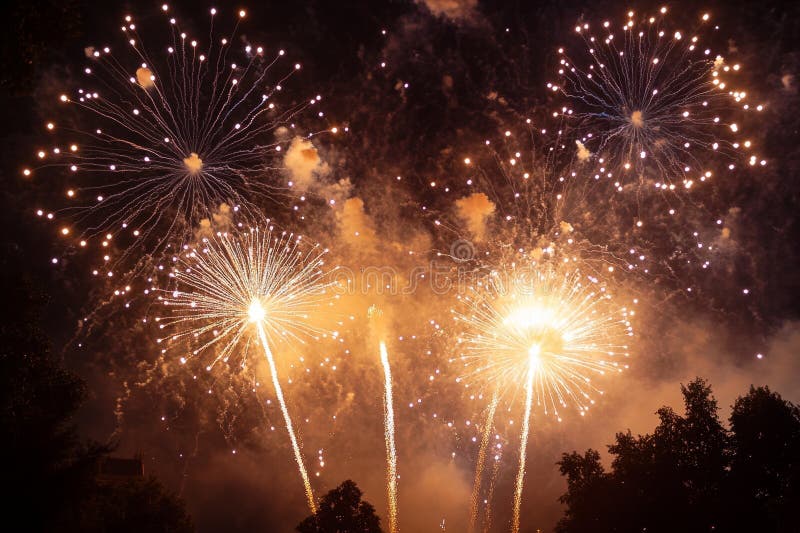Bright Fireworks Exploding in the Night Sky Stock Photo - Image of ...