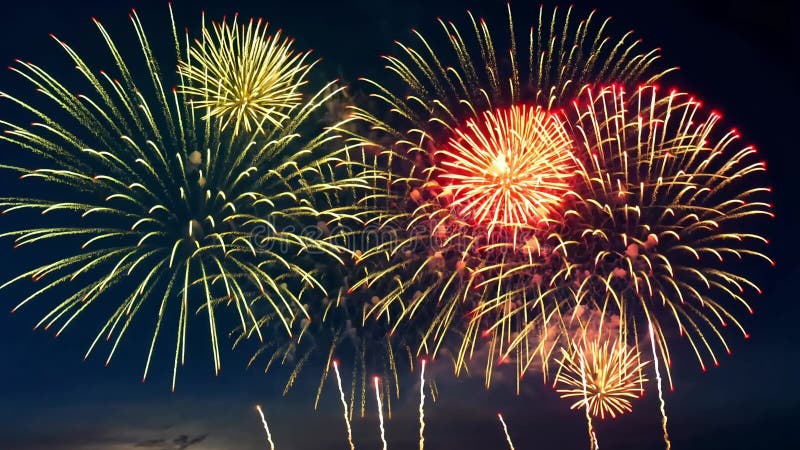 Bright Fireworks Exploding in the Night Sky, Leaving Streaks of Light ...