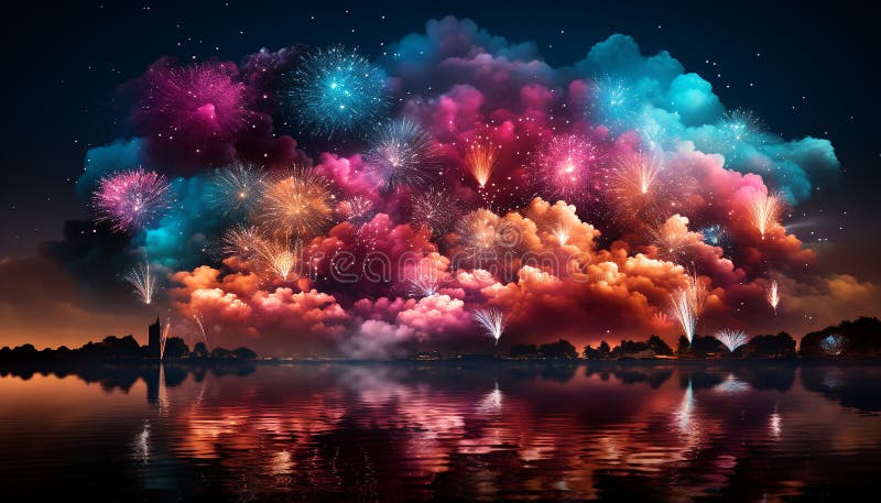 Bright Fireworks Illuminate the Dark Night Sky, Exploding with Vibrant ...