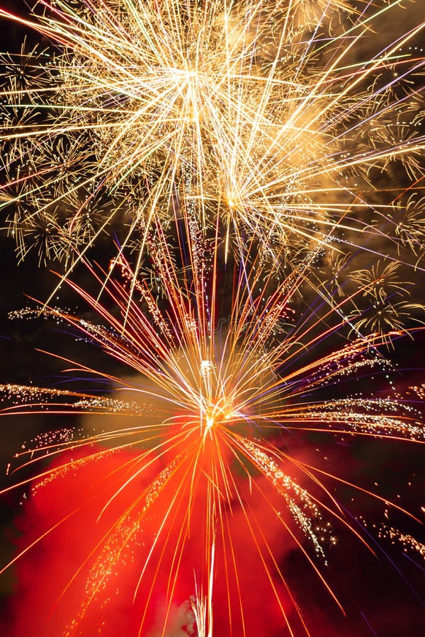 Bright Fireworks at Night Red Fireworks and Yellow Fireworks Stock ...