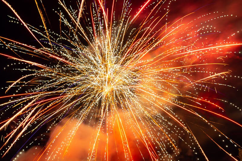 Bright Fireworks at Night Red Fireworks and Yellow Fireworks Stock ...