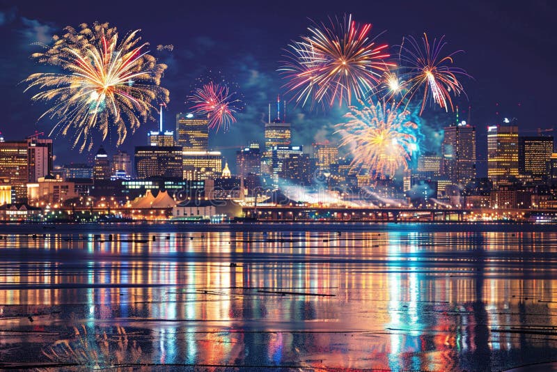 Bright Fireworks Over the City Colorful Fireworks City Skyline Stock ...