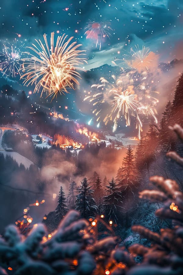 Bright Fireworks Over a Mountain Village at Sunset, Celebrating with ...