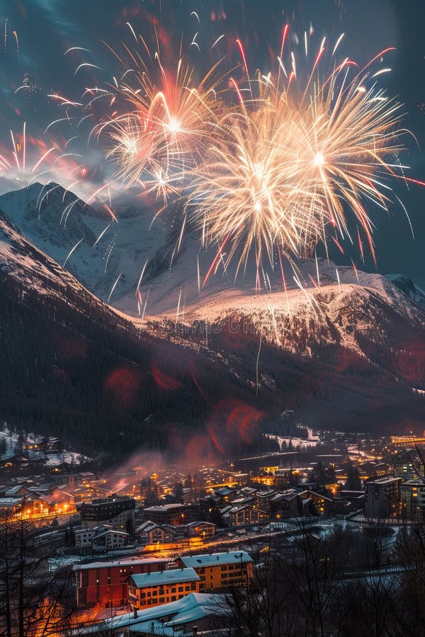 Bright Fireworks Over a Mountain Village at Sunset, Celebrating with ...