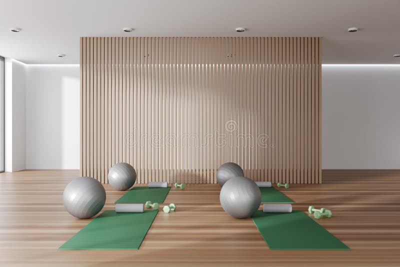 Bright Fitness Gym Interior With Exercise Mats Balls And Dumbbells
