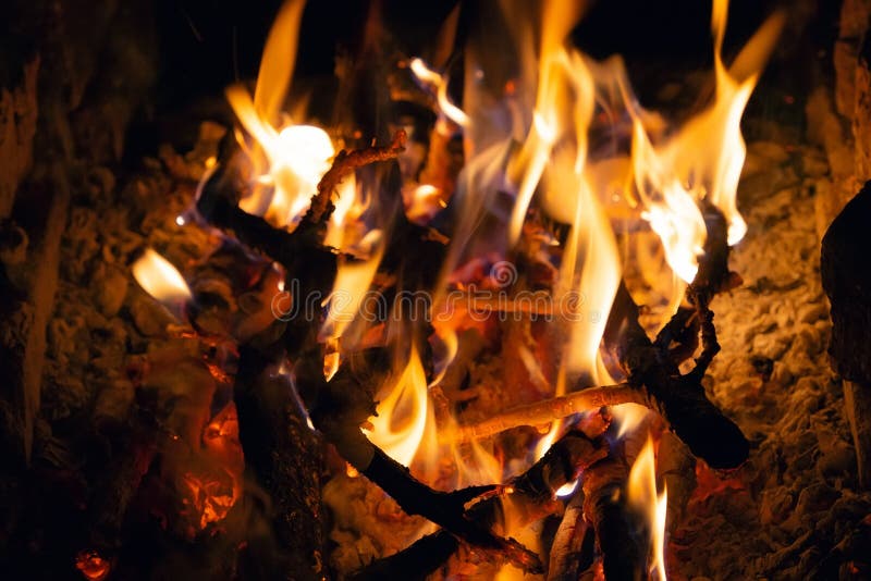 Bright Flame of a Burning Fire in the Dark Stock Photo - Image of camp ...