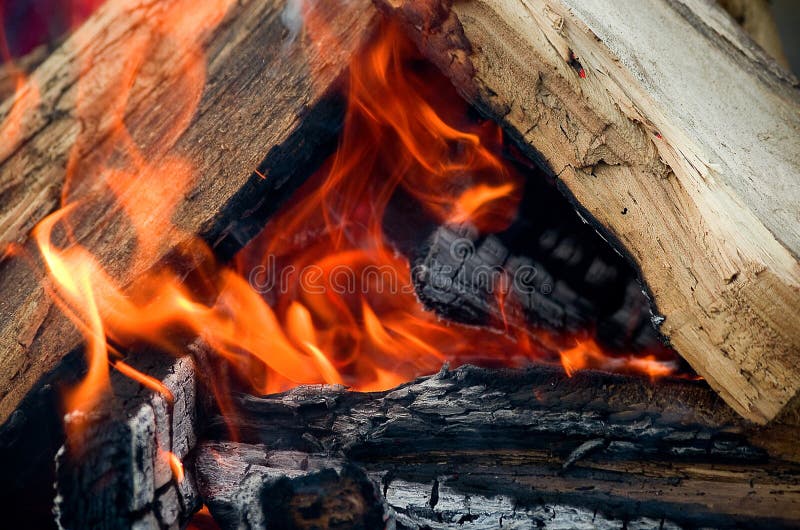 Bright Flame in the Fire with Firewood. Selective Focus Stock Photo ...