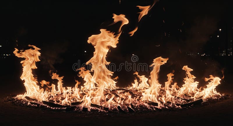 Bright Flames Dance Above Glowing Embers in a Dark Setting during a ...