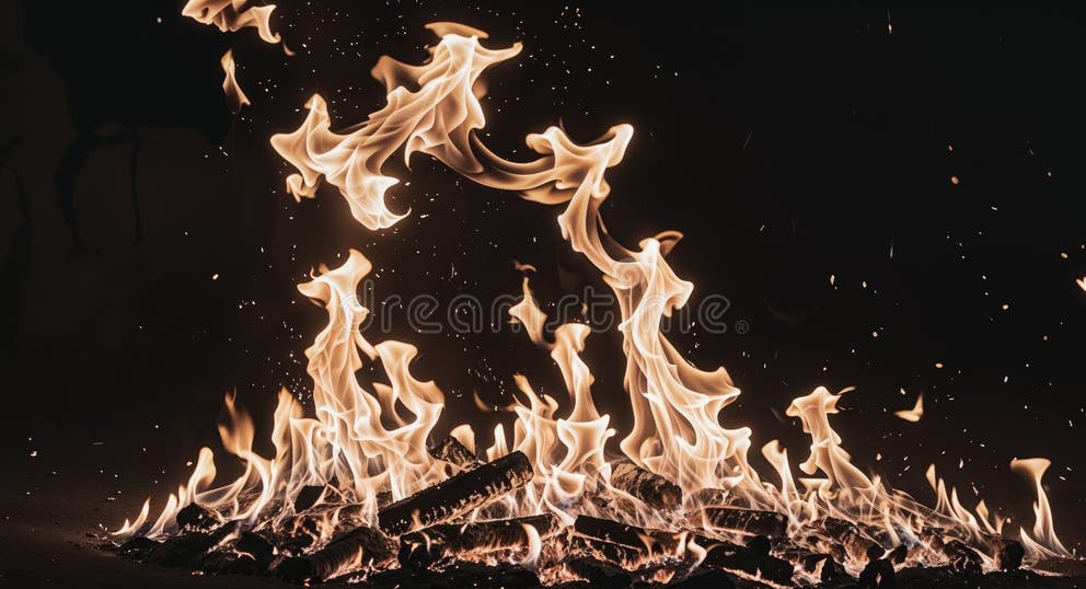 Bright Flames Dance Above Glowing Embers in a Dark Setting during a ...