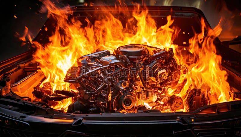 Car Engine Engulfed in Flames during Emergency Response at Night Stock ...