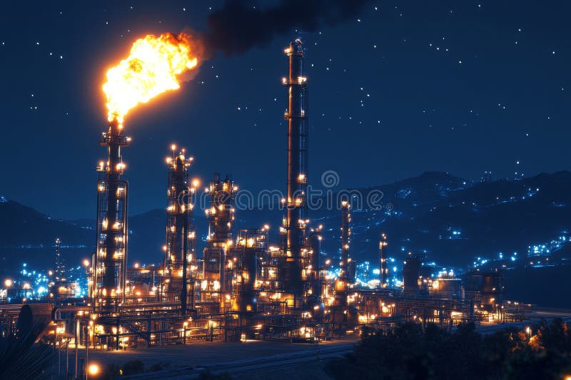 Bright Flames Flare from a Refinery Stack Against a Dark Nighttime ...