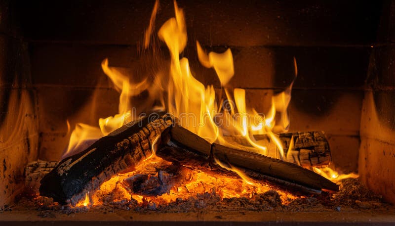 Bright Flames Illuminate a Burning Fire in a Fireplace and Copy Space ...