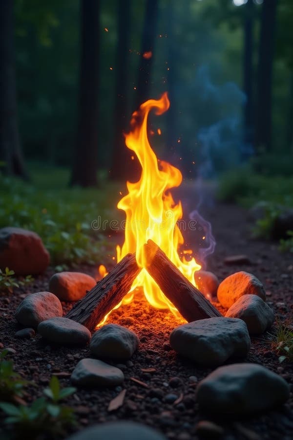 Bright Flames Leap from Campfire, Surrounded by Weathered Stones , Wild ...