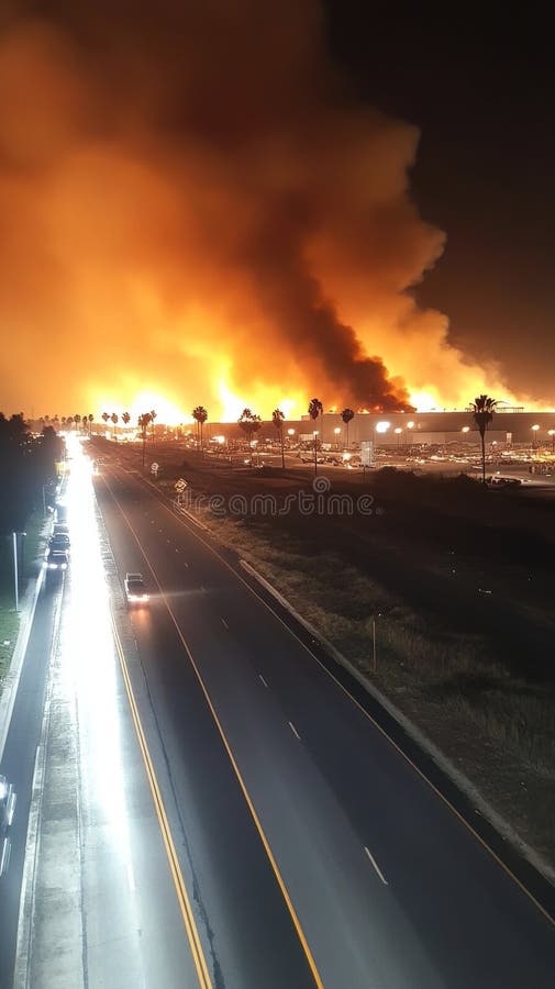 Fire Engulfs Industrial Area at Night Near Highway Stock Image - Image ...