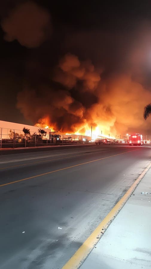 Fire Engulfs Industrial Area at Night Near Highway Stock Image - Image ...